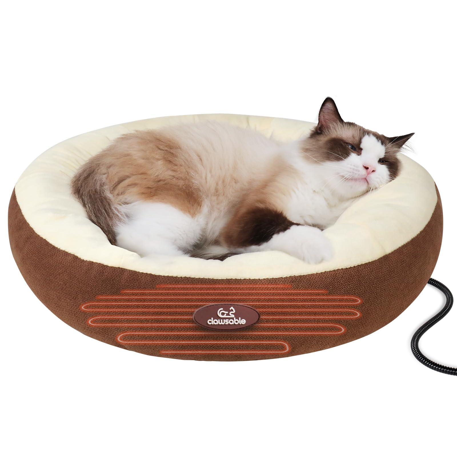 clawsable Heated Cat Bed for Small Medium Size Cats, Super Soft Round Heated Pet Bed with Warming Temperature Cat Bed for Indoor Cats, Electric Cat Heating Bed for Kittens (Beige+Brown)