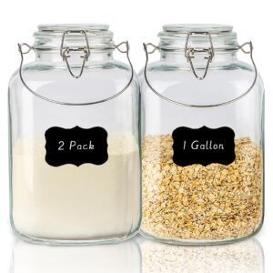 1 gallon airtight glass food storage jars set of 2 with lids, extra large glass storage containers with handle for flour, cereal, coffee and canning, square mason jars with 8 chalkboard labels