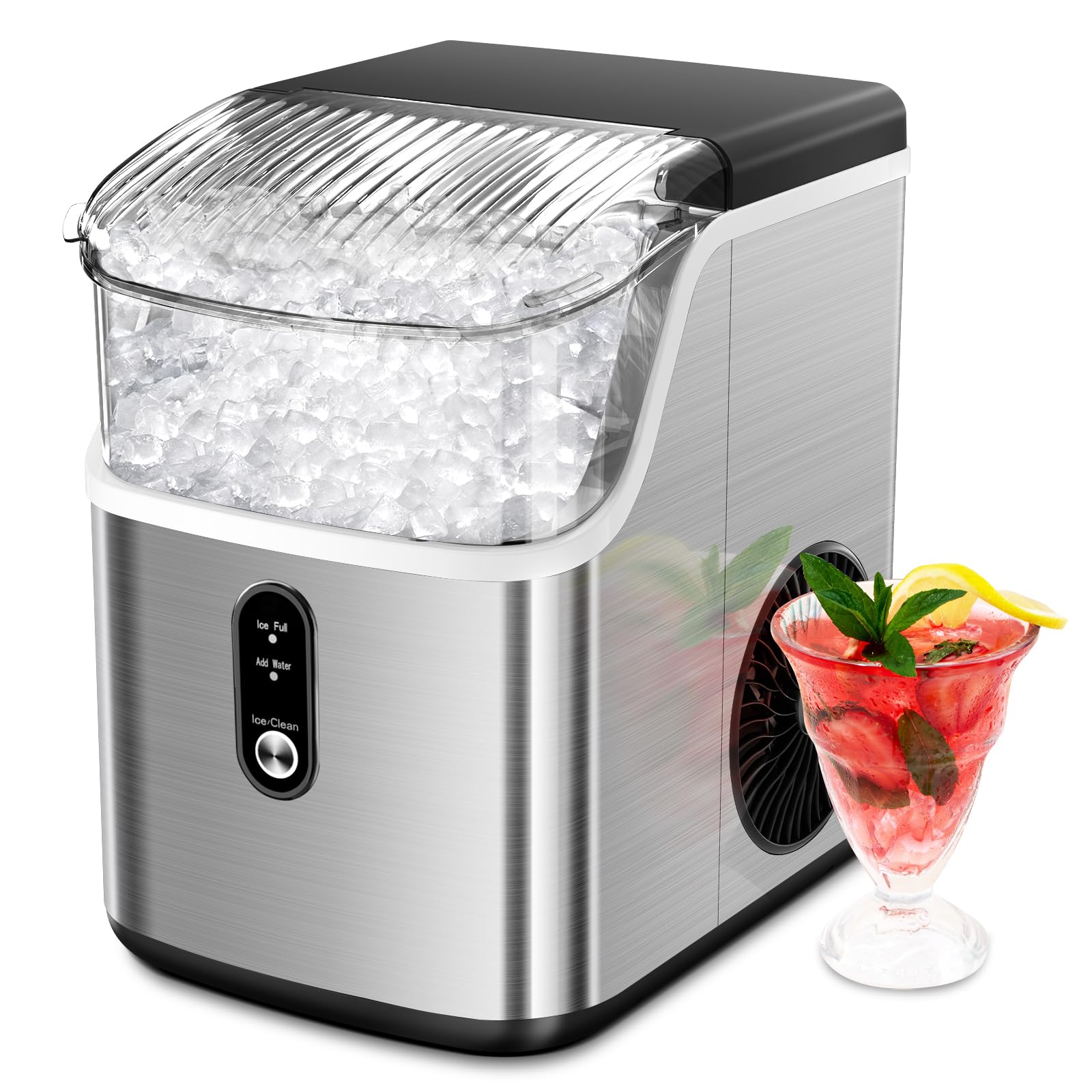 Nugget Ice Maker Countertop Up to 35lbs of Ice a Day,Self-Cleaning Nugget Ice Maker,Removable Ice Basket&Scoop for Home/Kitchen/Office/Party,Stainless Steel