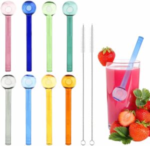 tmxaok 8 pieces glass straws, 4inch glass straws shatter resistant with cleaning brush, bar drinking glass swizzle, glass stirrers for cocktail, smoothies, coffee, juice(b-style)