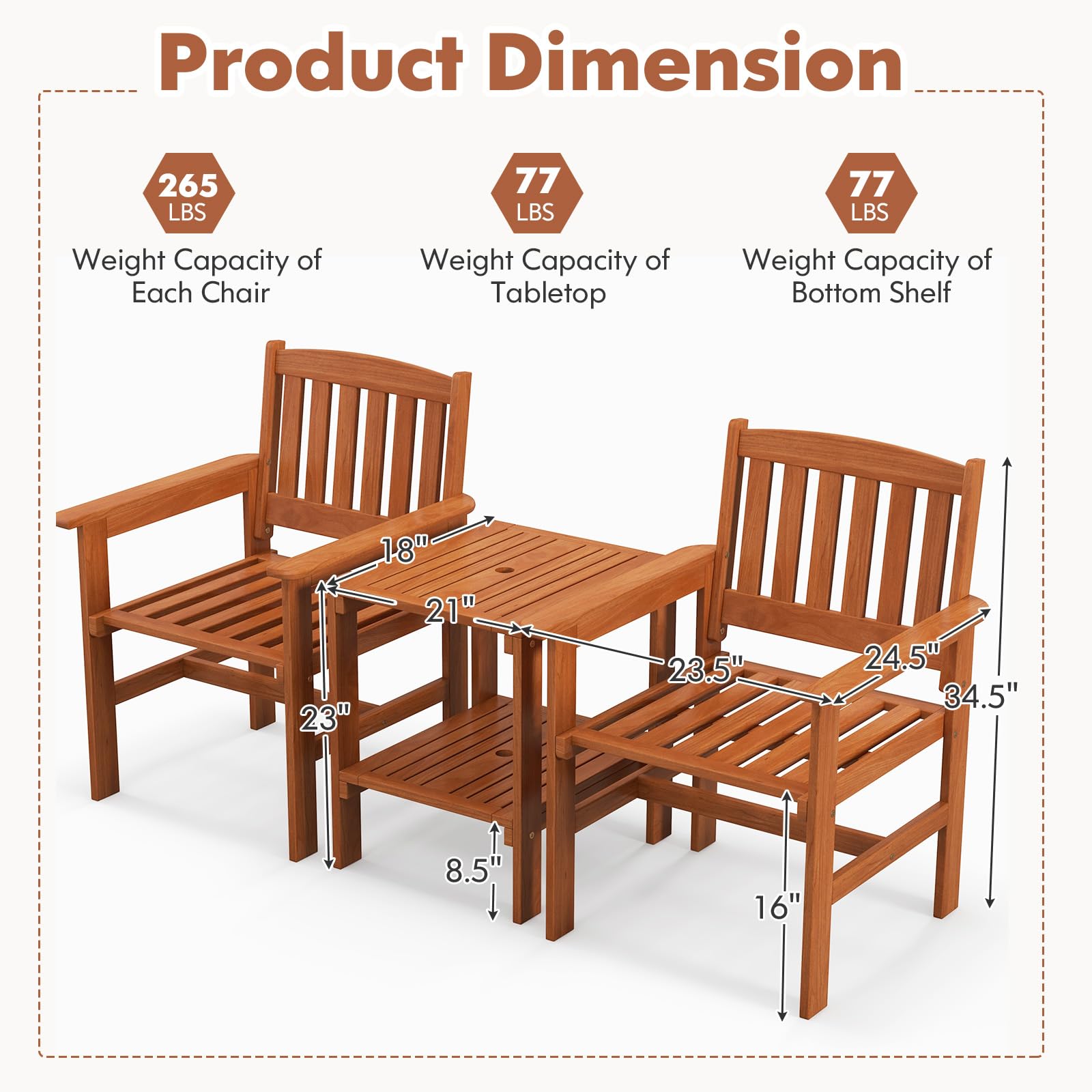 Tangkula 3 Piece Patio Conversation Set, Outdoor Wood Conversation Seat with Table and Umbrella Hole, Outdoor Furniture Set of 3 for Garden Poolside Backyard Balcony Porch