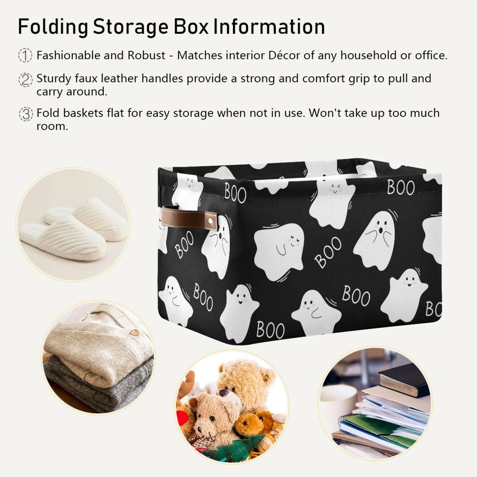 ZENWAWA Storage Cube Kawaii Halloween Black Print Collapsible Fabric, Large Foldable Open Organizer Bins Baskets with PU Handles 1 Pack