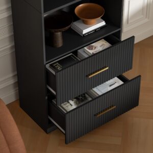 Housoul Black Bookshelf with Drawers, 63" Tall Bookshelf with Storage, 3 Shelf Bookcase with Adjustable Shelf, 3 Tier Modern Bookshelf, Open Shelves Bookcase, Unique Bookshelf for Bedroom & Office