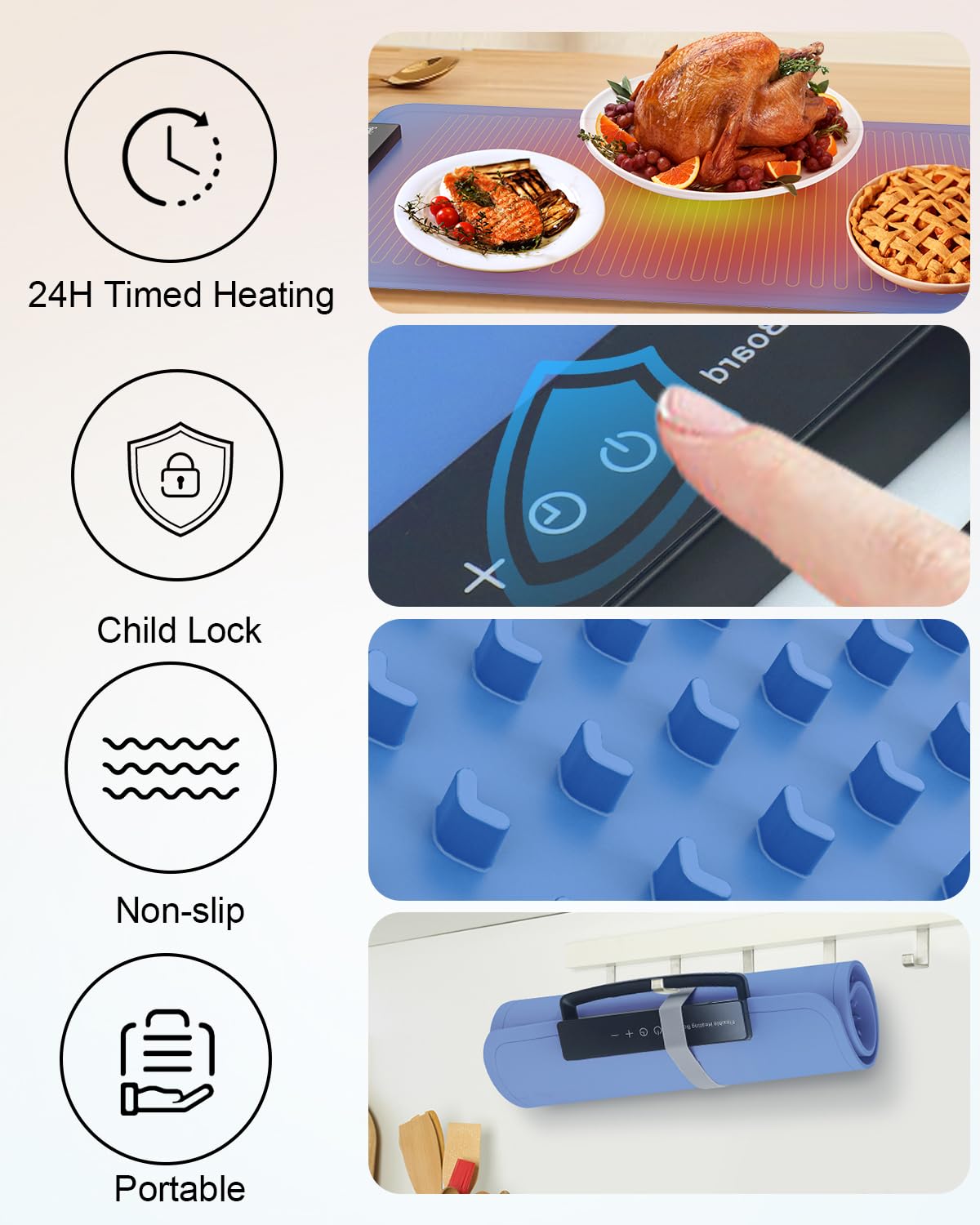 Food Warming Mat for Electric Warming Tray: 24H Timer Full Surface Heating Food Warmer - 7 Temperature Portable Food Warming Mat for Buffet - Silicone Heating Mat for Parties and Daily Use