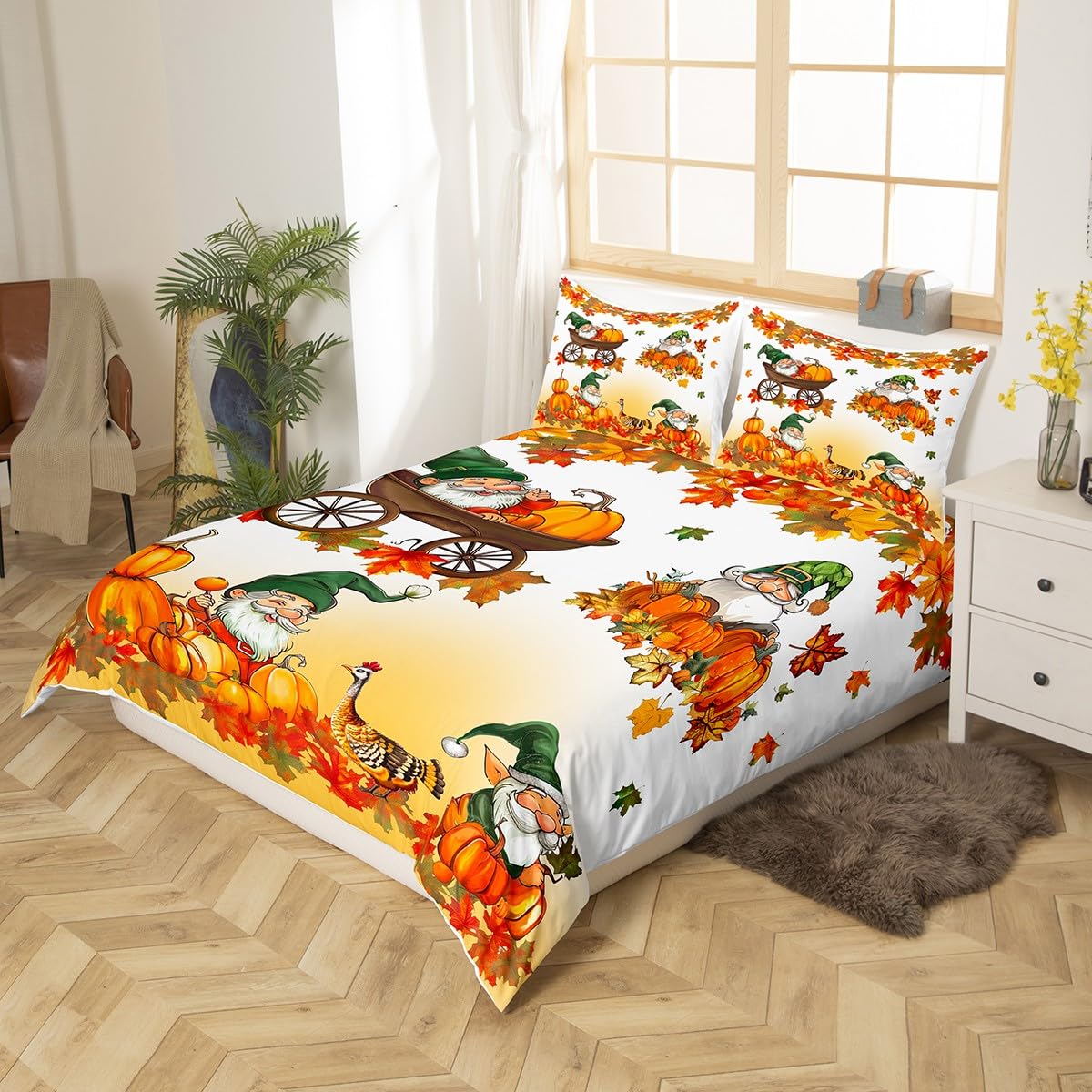 Thanksgiving Autumn Duvet Cover Set King Size,Gnome Fall Harvest Pumpkin Bedding Set,Boys Girls Room Decor,Turkey Maple Leaves Comforter Cover,Orange Quilt Cover,2 Pillowcases(No Comforter)