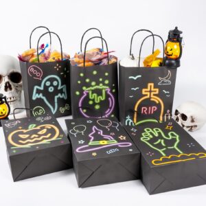 nodmipns 24 pack halloween paper gift candy bags with handle,halloween neon black shining trick or treat goody bags,kraft paper halloween candy bags for goodie snack trick or treating party supplies