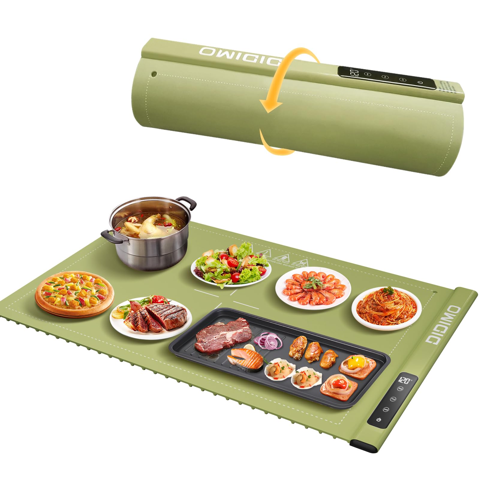 Electric Warming Tray, Warming Mat for Food with 17 Temperature Settings and Timing, Rollable & Portable Premium Silicone Electric Heating Tray with Auto Shut-Off and Lock for Parties Buffet (Green)