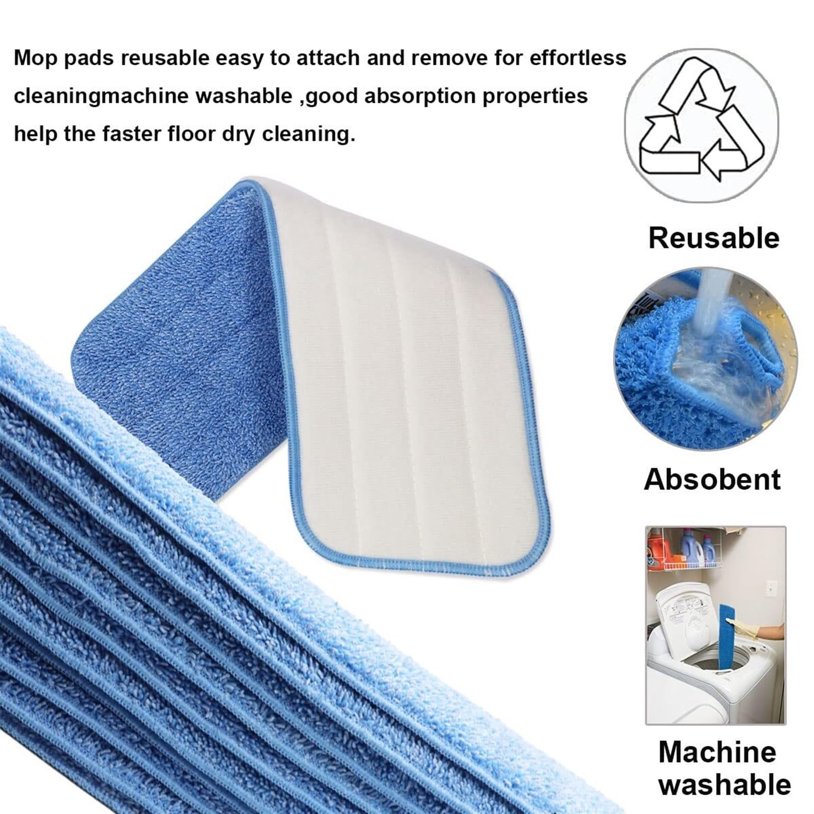 Generic 10 Pack 18 Inch Spray Mop Replacement Heads for Wet/Dry Mops, Reusable Microfiber Mop Pads Compatible with Bona Floor Care System - Blue