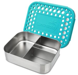 lunchbots medium trio ii snack container - divided stainless steel food container - three sections for snacks on the go - eco-friendly, dishwasher safe, bpa-free - stainless lid (aqua)