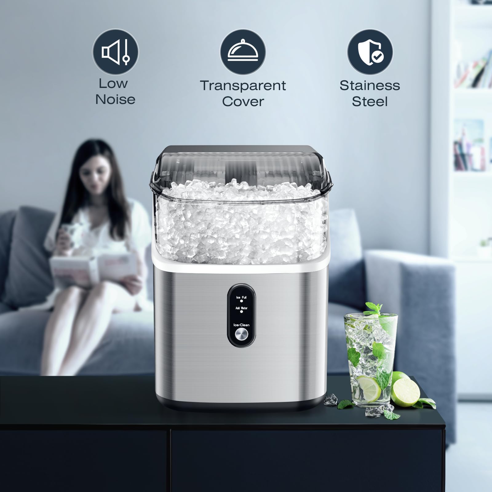 Nugget Ice Maker Countertop Up to 35lbs of Ice a Day,Self-Cleaning Nugget Ice Maker,Removable Ice Basket&Scoop for Home/Kitchen/Office/Party,Stainless Steel