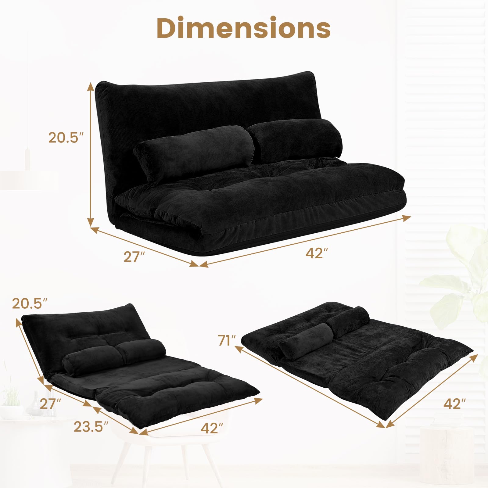 KOMFOTT Foldable Floor Lazy Sofa with 2 Pillows, 6-Position Adjustable Reclining Sofa Sleeper Bed, Convertible Futon Couch Bed, Floor Couch Lounge for Relaxing, Reading, Playing, Gaming (Black)