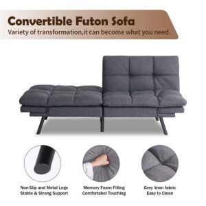 AMICLIBER Futon Sofa Bed, Grey Linen Memory Foam Futon Sleeper Sofa Loveseat Convertible Couch Bed for Small Compact Living Spaces,Apartment