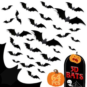 halloween bats wall decor 64pcs bat decorations realistic pvc 3d scary black bat stickers for halloween indoor outdoor creepy home decor diy wall bathroom window door decal