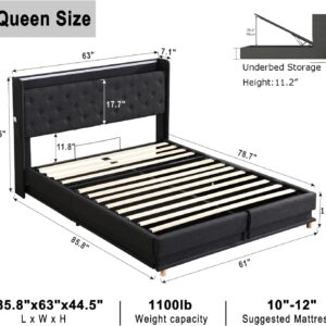 Ailisite Lift Up Storage Bed Queen with Headboard and Storage, Black Upholstered Storage Bed with Wingback Tufted Headboard, Led Queen Size Bed Frame with Charging Station, No Box Spring Needed