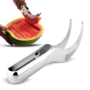 watermelon slicer cutter. stainless steel, sharp blade, ergonomic design, comfortable grip, compact size, save time, no messy cutting, reduce food waste. cantaloupe, honeydew, even pineapple.