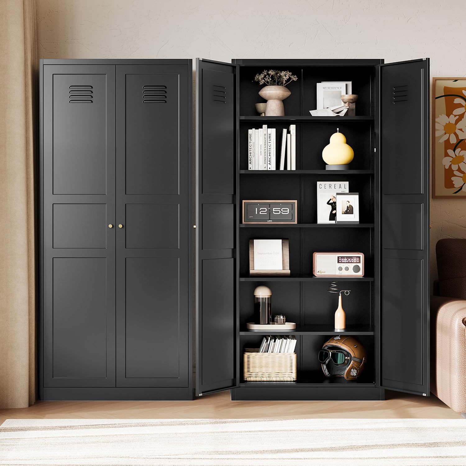 Letaya Black Storage Cabinet with Adjustable Shelves-Metal Home Kitchen Pantry Cabinets with Doors,Organization Locker for Cupboard/Bedroom/Dining/Living/Bathroom/Office/Garage Room