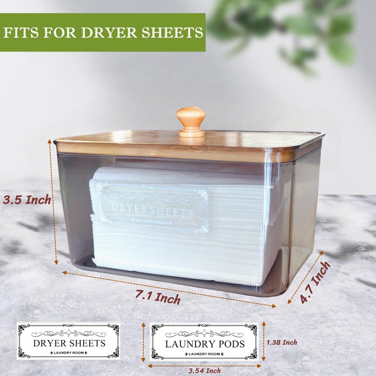 Dryer Sheet Holder with Bamboo Lid,Acrylic Laundry Clear Dryer Sheets Dispenser Container Box for Laundry Room Organization and Storage Holds Sheets, Balls, Clothes Pins, Laundry Pods(1 Pcs, 2 Labels)