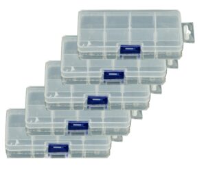 5-pack small plastic storage box case container snackle box with 8 grid dividers 2.45" x 5.2" x .97" for beads, tackle box, fishing hooks, bobs, buttons, jewelry grid size: 1.25" x 1.2" party favors