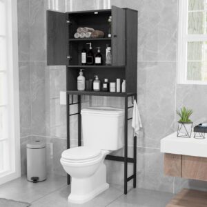 Tangkula Over The Toilet Storage Cabinet, Freestanding Toilet Rack w/ 2 Doors, Adjustable Shelf, Adjustable Bottom Bar, 2 Side Hooks, Above Toilet Storage Shelf for Bathroom, Laundry Room (Black)