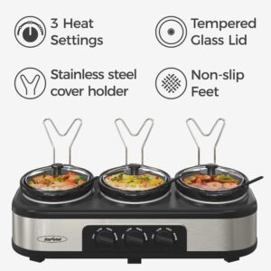 Sunvivi Triple Slow Cooker, Buffet Server & Warmer with 3 Removable Ceramic Pots, 3 Adjustable Temp Settings & 3 Metal Lid Rests, Stainless Steel, 4.5 QT Silver