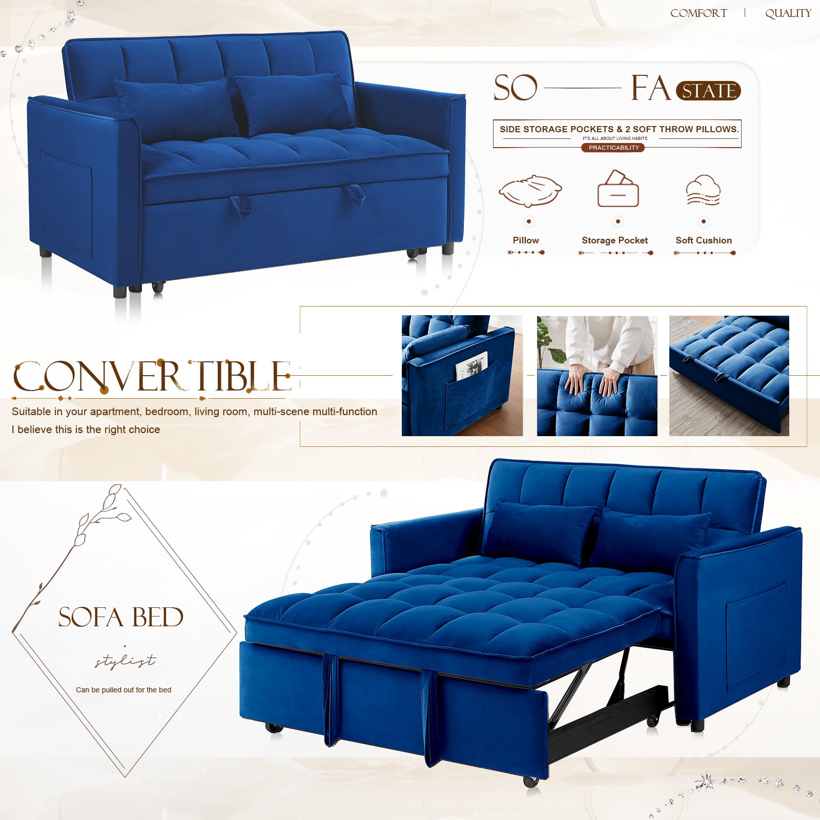 Brafab Pull Out Sofa Bed, 3 in 1 Convertible Sleeper Sofa Couch Bed, 55" Loveseat Velvet Tufted Sofa Bed with Adjustable Backrest, Side Pocket and 2 Throw Pillows, for Living Room Bedroom, Navy Blue