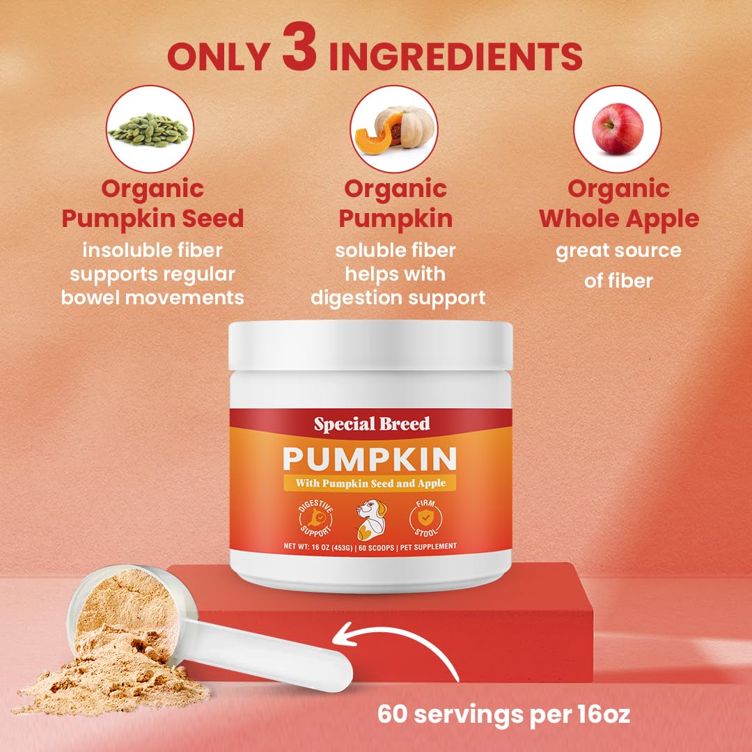 3-in-1 Pumpkin Powder for Dogs (16 oz) - with Organic Pumpkin, Pumpkin Seed, & Apple, All Natural Dog Digestive Support, Great Balance of Soluble and Insoluble Fiber for Dogs, 60 Scoops