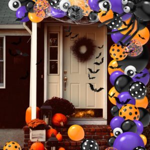 Gojmzo Halloween Balloon Garland Arch Kit, Purple Orange and Black Confetti Balloons with Spider Web Bats for Halloween Party Decorations, Halloween Decorations Indoor Outdoor