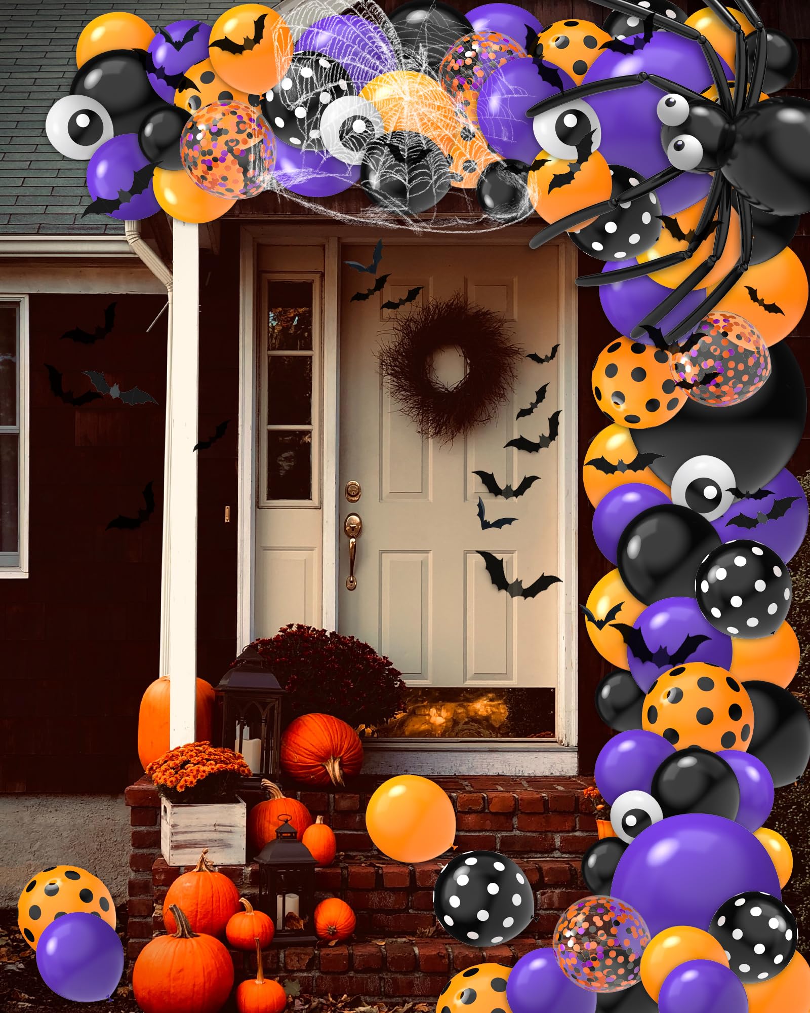 Gojmzo Halloween Balloon Garland Arch Kit, Purple Orange and Black Confetti Balloons with Spider Web Bats for Halloween Party Decorations, Halloween Decorations Indoor Outdoor