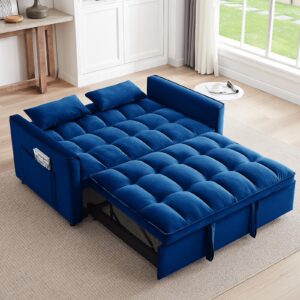 Brafab Pull Out Sofa Bed, 3 in 1 Convertible Sleeper Sofa Couch Bed, 55" Loveseat Velvet Tufted Sofa Bed with Adjustable Backrest, Side Pocket and 2 Throw Pillows, for Living Room Bedroom, Navy Blue