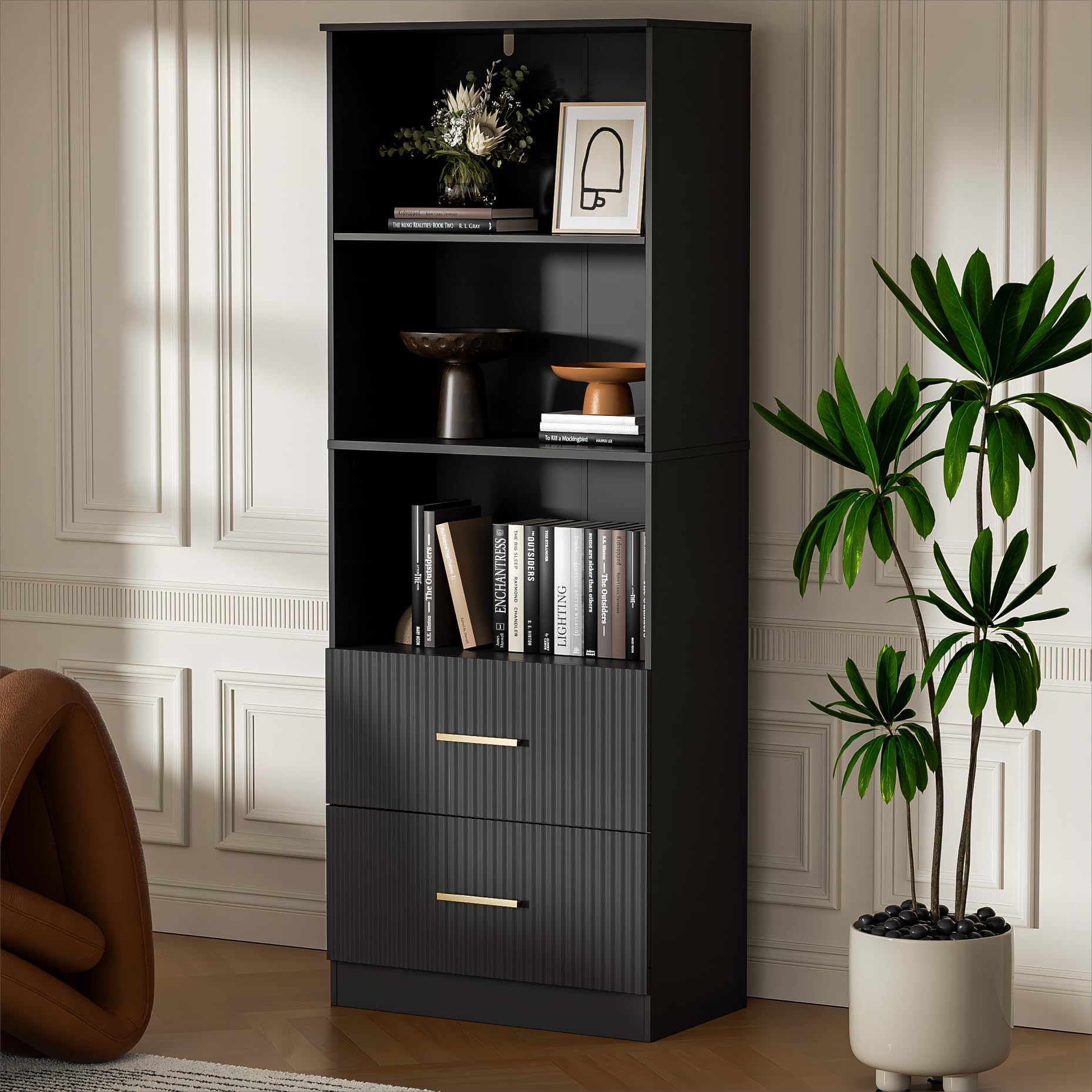 Housoul Black Bookshelf with Drawers, 63" Tall Bookshelf with Storage, 3 Shelf Bookcase with Adjustable Shelf, 3 Tier Modern Bookshelf, Open Shelves Bookcase, Unique Bookshelf for Bedroom & Office