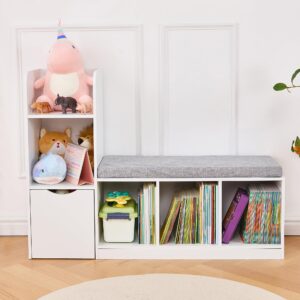 LEZASTAR Kids Reading Nook with Storage, Kids Bookshelf with Bench, Wooden Kids Toy Storage Organizer, Kids Bookcase with Seat Cushion for Bedroom, Playroom, Nursery, White