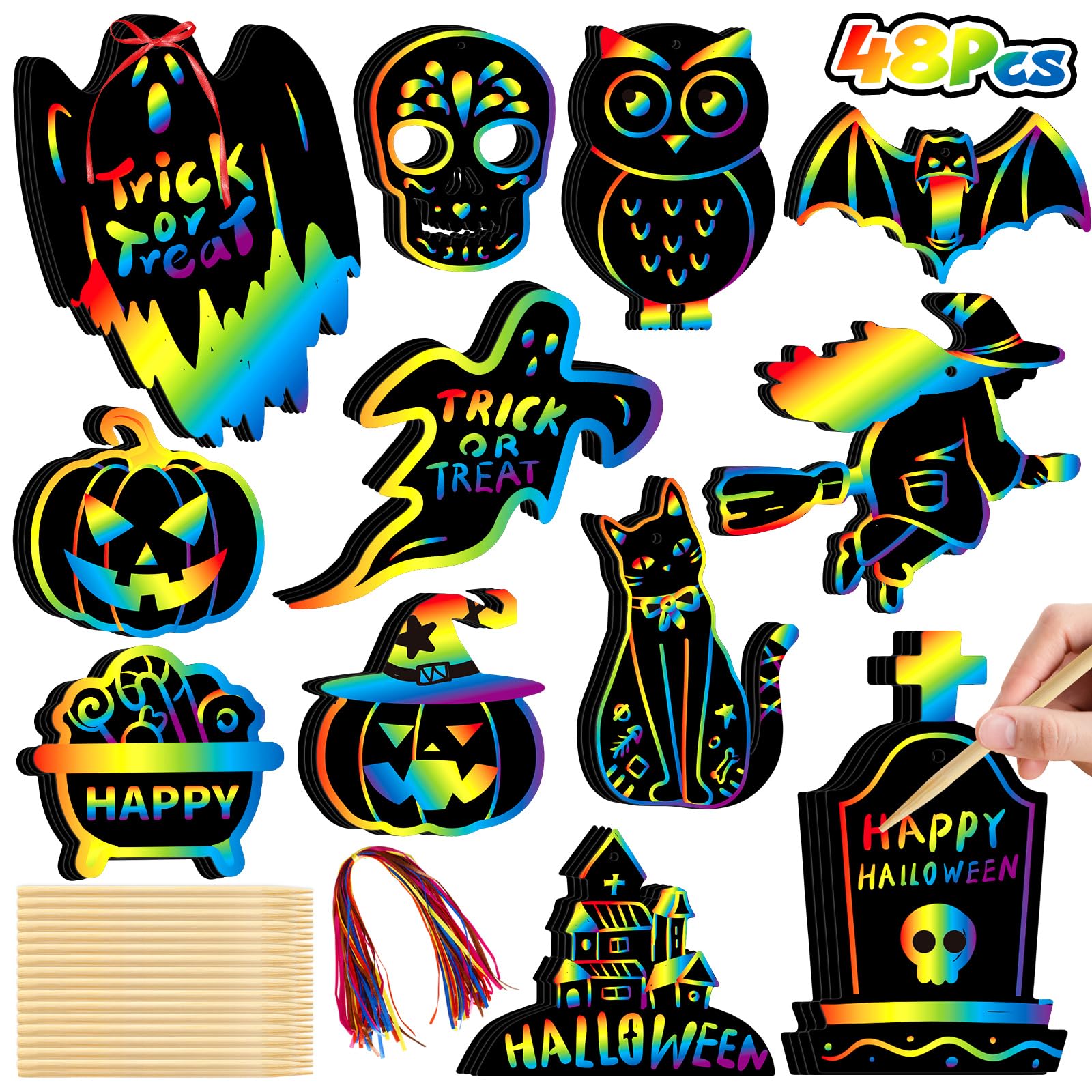 YEGEER 48PCS Halloween Craft Kit for Kids, Magic Scratch Off Paper Hanging Halloween Ornaments Set with 24pcs Wooden Stylus 48pcs Cords for Halloween Games, Halloween Party Favors, Art Craft Supplies