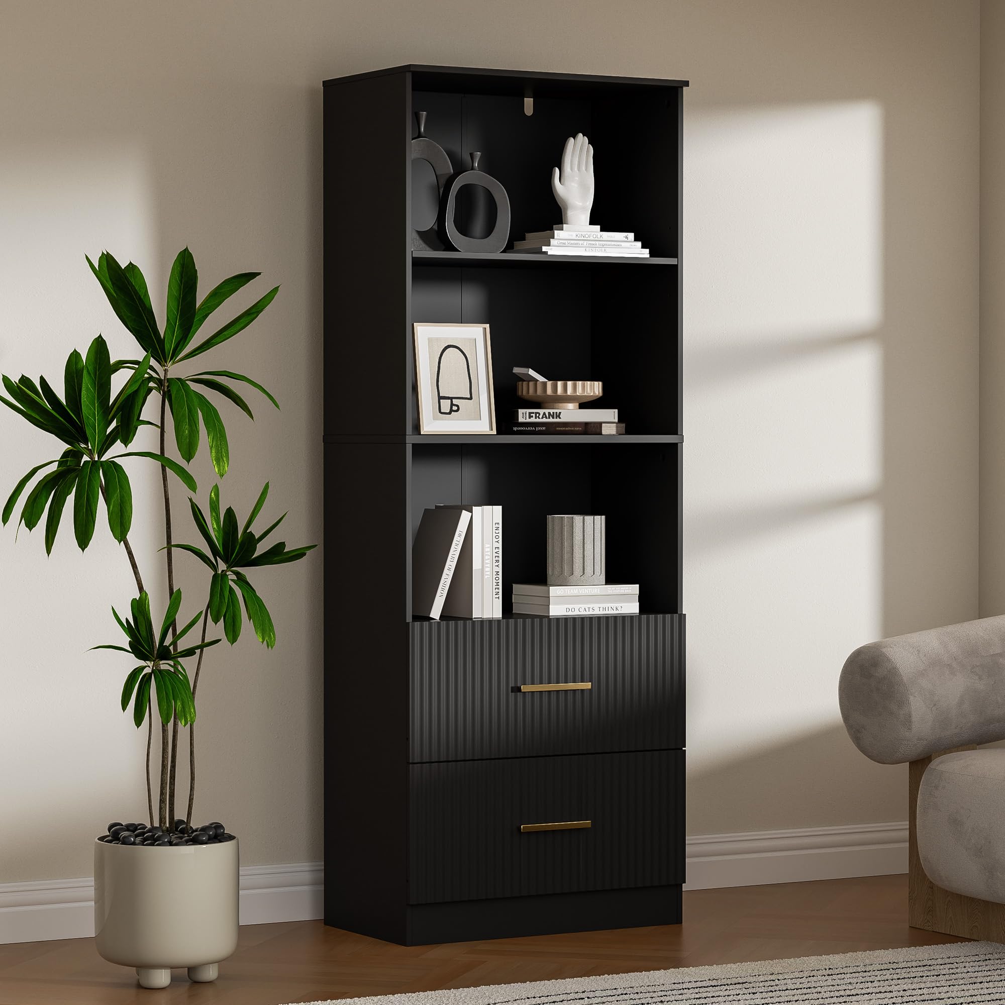 Housoul Black Bookshelf with Drawers, 63" Tall Bookshelf with Storage, 3 Shelf Bookcase with Adjustable Shelf, 3 Tier Modern Bookshelf, Open Shelves Bookcase, Unique Bookshelf for Bedroom & Office