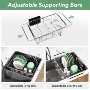 MAJALiS Dish Drying Rack in Sink - Small Dish Drainers for Kitchen Sink, Over The Sink Dish Racks with Utensil Holder, Stainless Steel Dish Rack in Sink, Silver