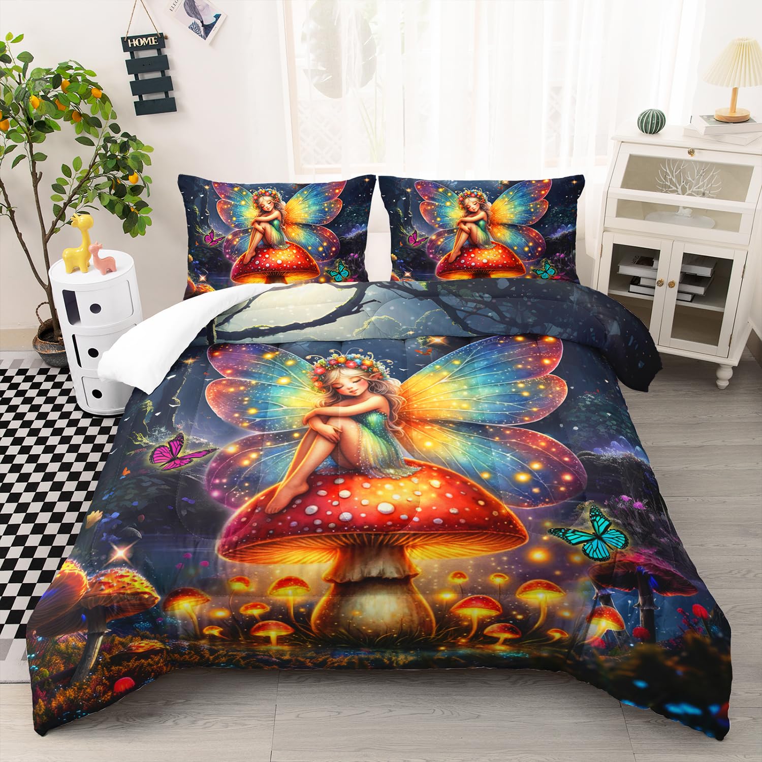 AILONEN Beautiful Fairy Comforter Set Queen Size, Butterfly Mushroom Fairy Bedding Set for Kids,Girls,Forest Spirit Duvet Set,3-Pieces, 1 Quilt and 2 Pillowcases,All Season,Soft