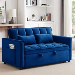 Brafab Pull Out Sofa Bed, 3 in 1 Convertible Sleeper Sofa Couch Bed, 55" Loveseat Velvet Tufted Sofa Bed with Adjustable Backrest, Side Pocket and 2 Throw Pillows, for Living Room Bedroom, Navy Blue