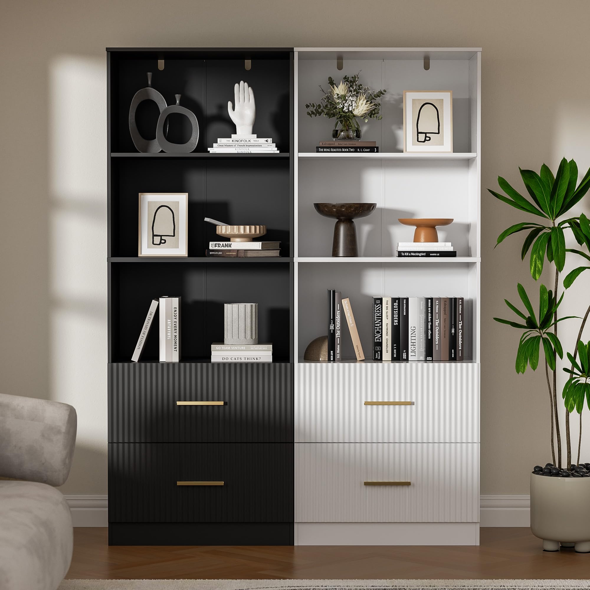 Housoul Black Bookshelf with Drawers, 63" Tall Bookshelf with Storage, 3 Shelf Bookcase with Adjustable Shelf, 3 Tier Modern Bookshelf, Open Shelves Bookcase, Unique Bookshelf for Bedroom & Office