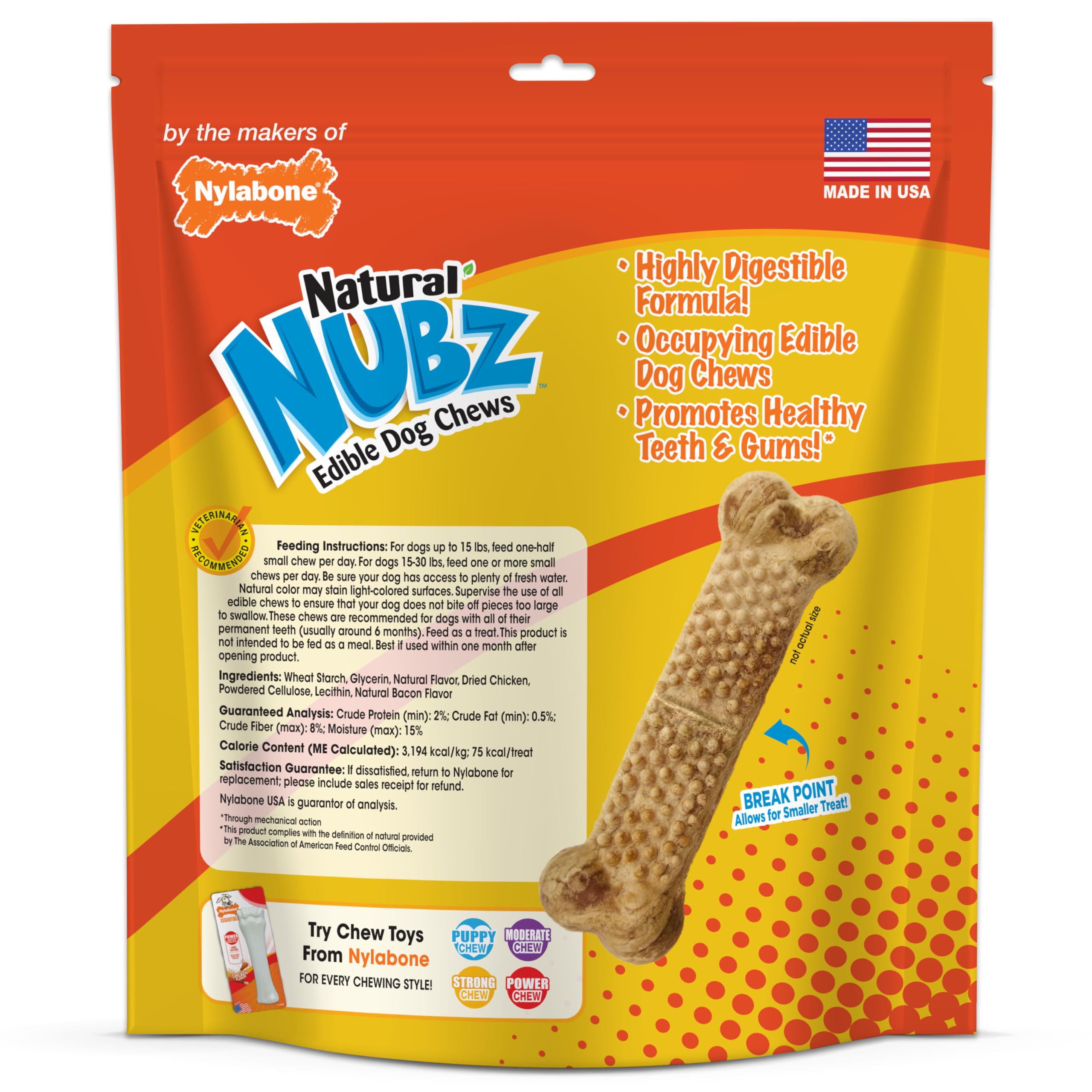 Nylabone Nubz Natural Edible Chew Treats for Dogs, Long Lasting Chews Made in USA, Chicken Flavor, Small - Up to 25 lbs. (36 Count)