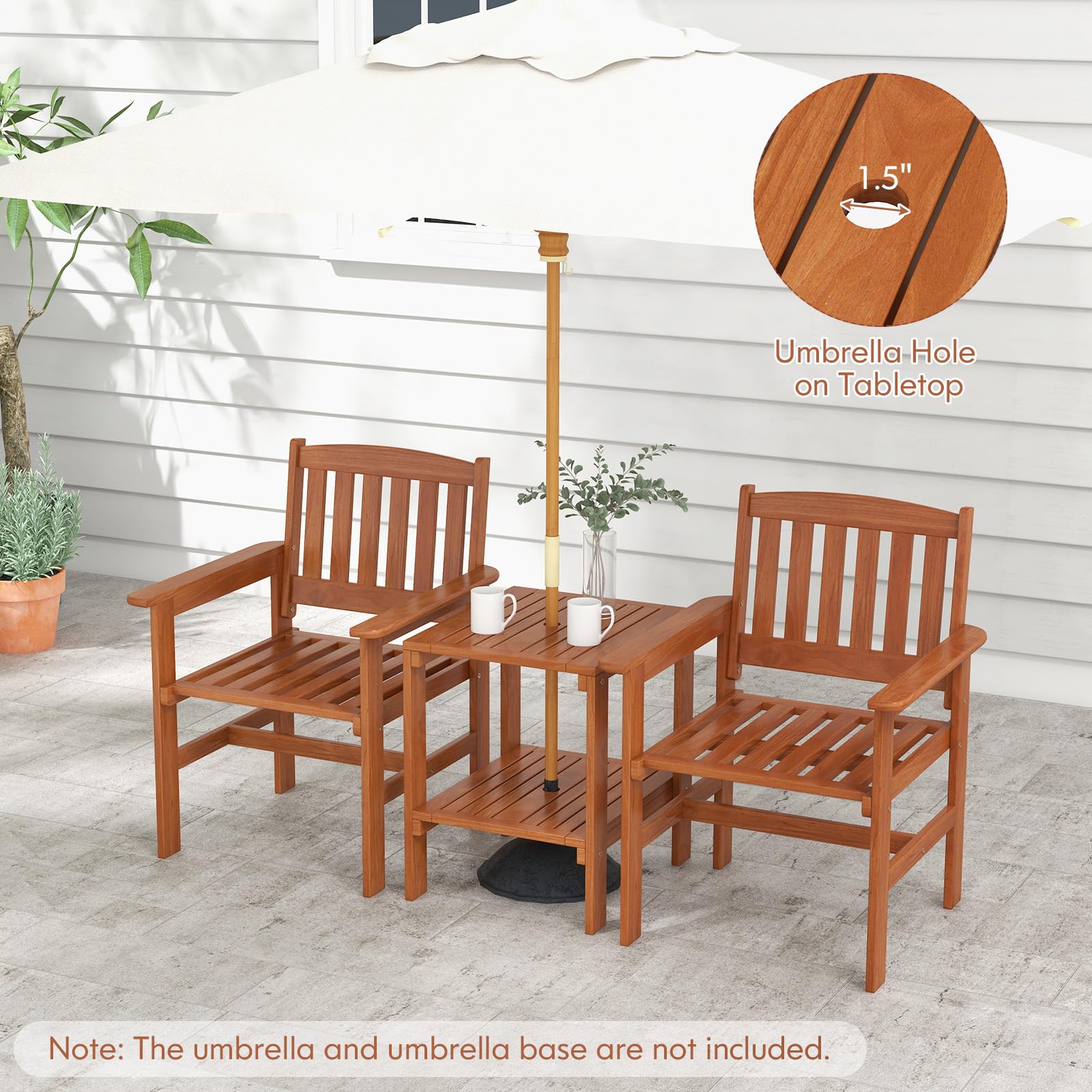 Tangkula 3 Piece Patio Conversation Set, Outdoor Wood Conversation Seat with Table and Umbrella Hole, Outdoor Furniture Set of 3 for Garden Poolside Backyard Balcony Porch