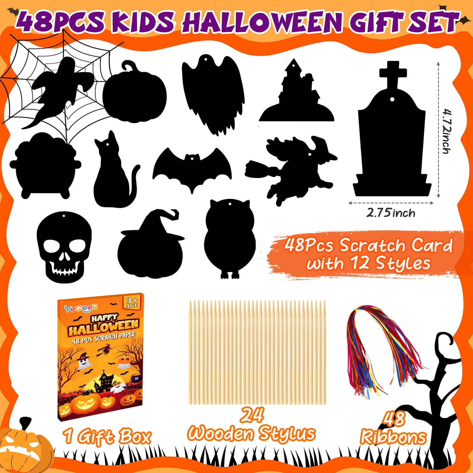 YEGEER 48PCS Halloween Craft Kit for Kids, Magic Scratch Off Paper Hanging Halloween Ornaments Set with 24pcs Wooden Stylus 48pcs Cords for Halloween Games, Halloween Party Favors, Art Craft Supplies