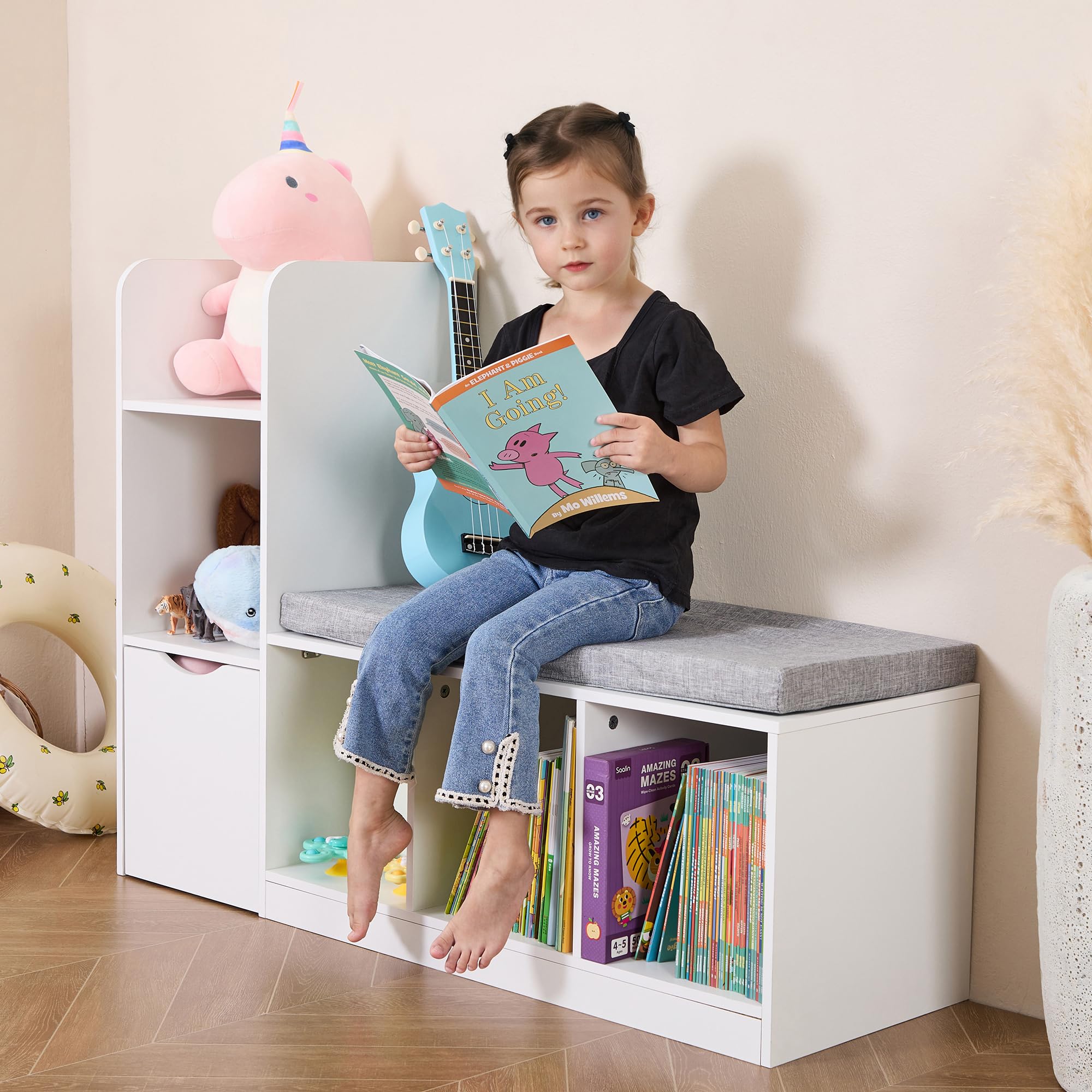 LEZASTAR Kids Reading Nook with Storage, Kids Bookshelf with Bench, Wooden Kids Toy Storage Organizer, Kids Bookcase with Seat Cushion for Bedroom, Playroom, Nursery, White