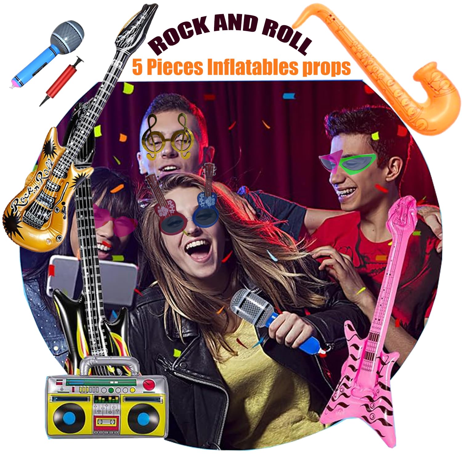 50 Pcs Rock Party Photo Booth Props Set for Adults, Funny Rock Star Party Sunglasses, Hats, Wigs, Inflatable, Photo Booth Props Kits for Graduation, Wedding, Birthday, Bachelorette and All Occasions