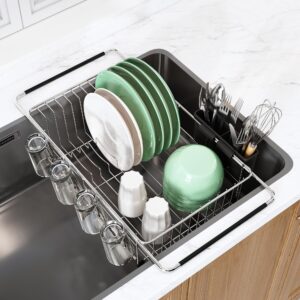 majalis dish drying rack in sink - small dish drainers for kitchen sink, over the sink dish racks with utensil holder, stainless steel dish rack in sink, silver