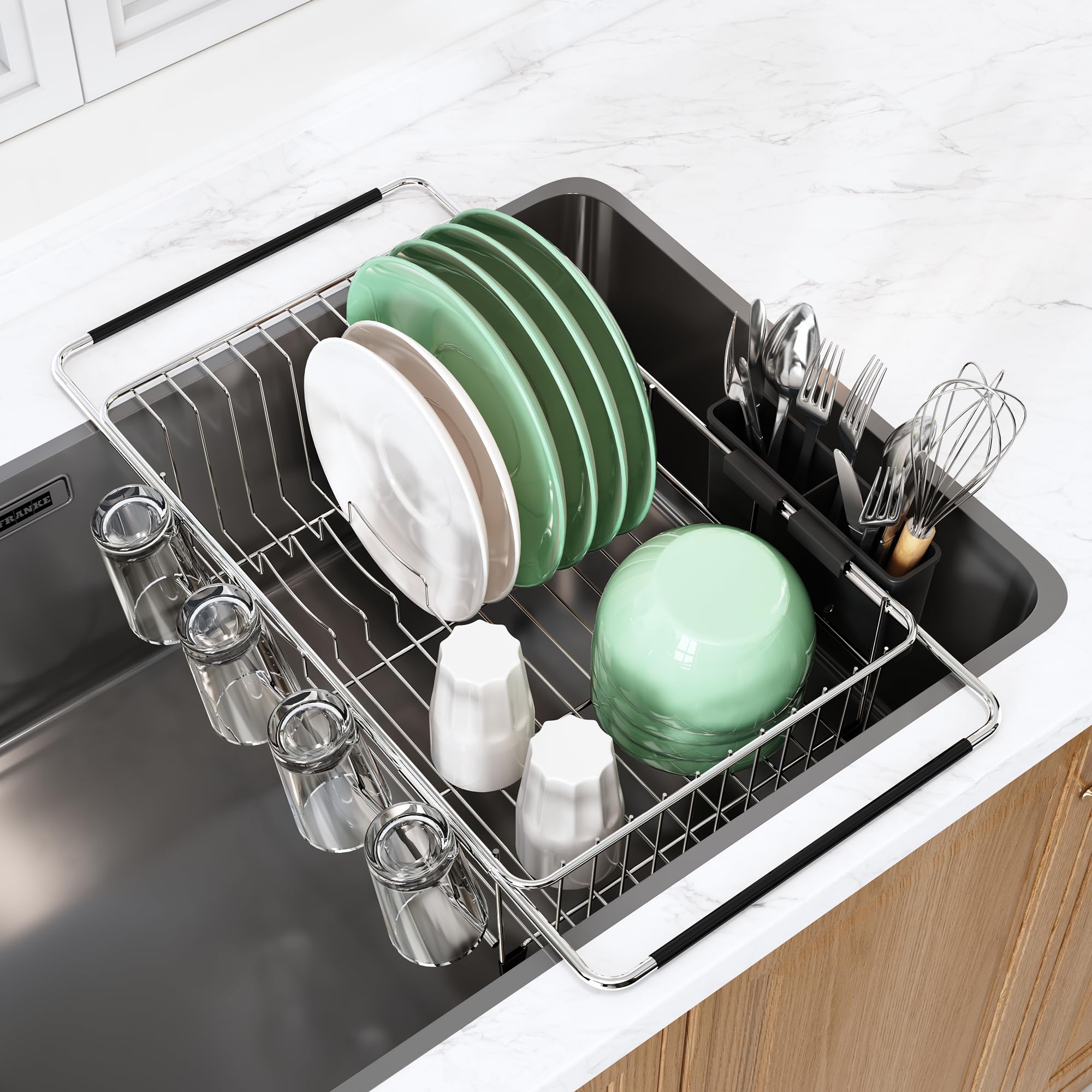 MAJALiS Dish Drying Rack in Sink - Small Dish Drainers for Kitchen Sink, Over The Sink Dish Racks with Utensil Holder, Stainless Steel Dish Rack in Sink, Silver