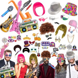 50 pcs rock party photo booth props set for adults, funny rock star party sunglasses, hats, wigs, inflatable, photo booth props kits for graduation, wedding, birthday, bachelorette and all occasions