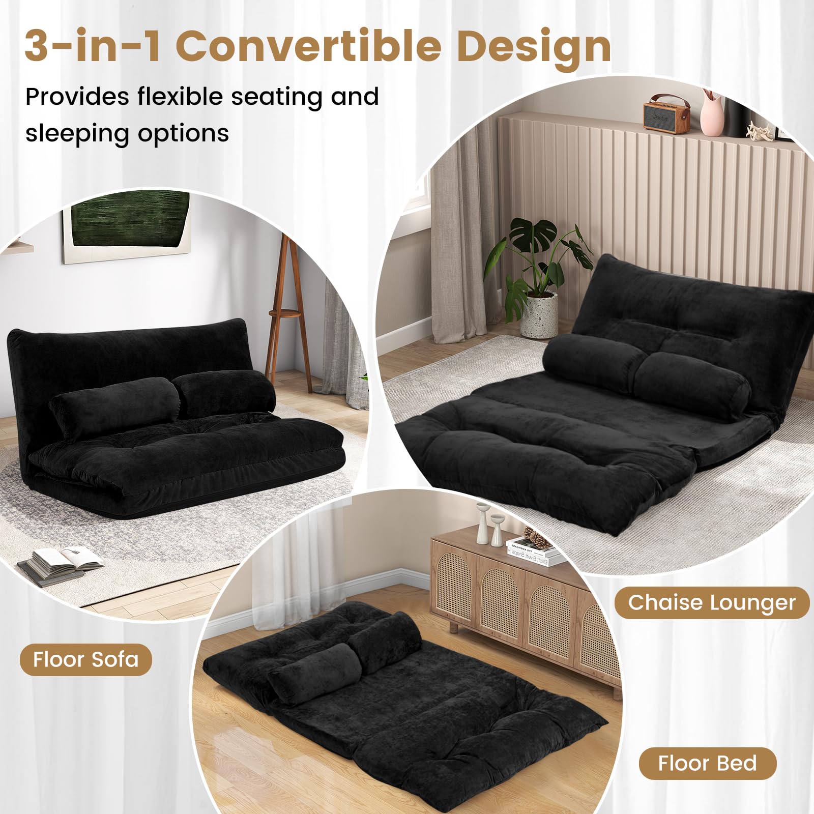 KOMFOTT Foldable Floor Lazy Sofa with 2 Pillows, 6-Position Adjustable Reclining Sofa Sleeper Bed, Convertible Futon Couch Bed, Floor Couch Lounge for Relaxing, Reading, Playing, Gaming (Black)