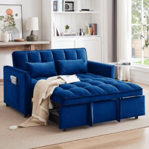 brafab pull out sofa bed, 3 in 1 convertible sleeper sofa couch bed, 55" loveseat velvet tufted sofa bed with adjustable backrest, side pocket and 2 throw pillows, for living room bedroom, navy blue