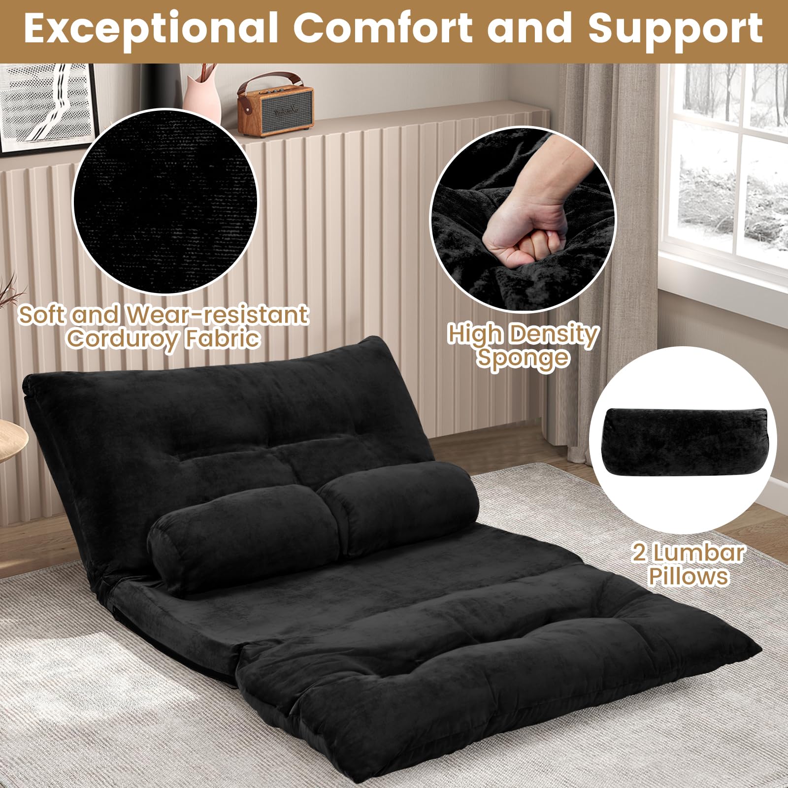 KOMFOTT Foldable Floor Lazy Sofa with 2 Pillows, 6-Position Adjustable Reclining Sofa Sleeper Bed, Convertible Futon Couch Bed, Floor Couch Lounge for Relaxing, Reading, Playing, Gaming (Black)