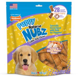 nylabone nubz natural edible chew treats for puppies, long lasting chews made in usa, turkey & sweet potato flavor, small - up to 25 lbs. (28 count)