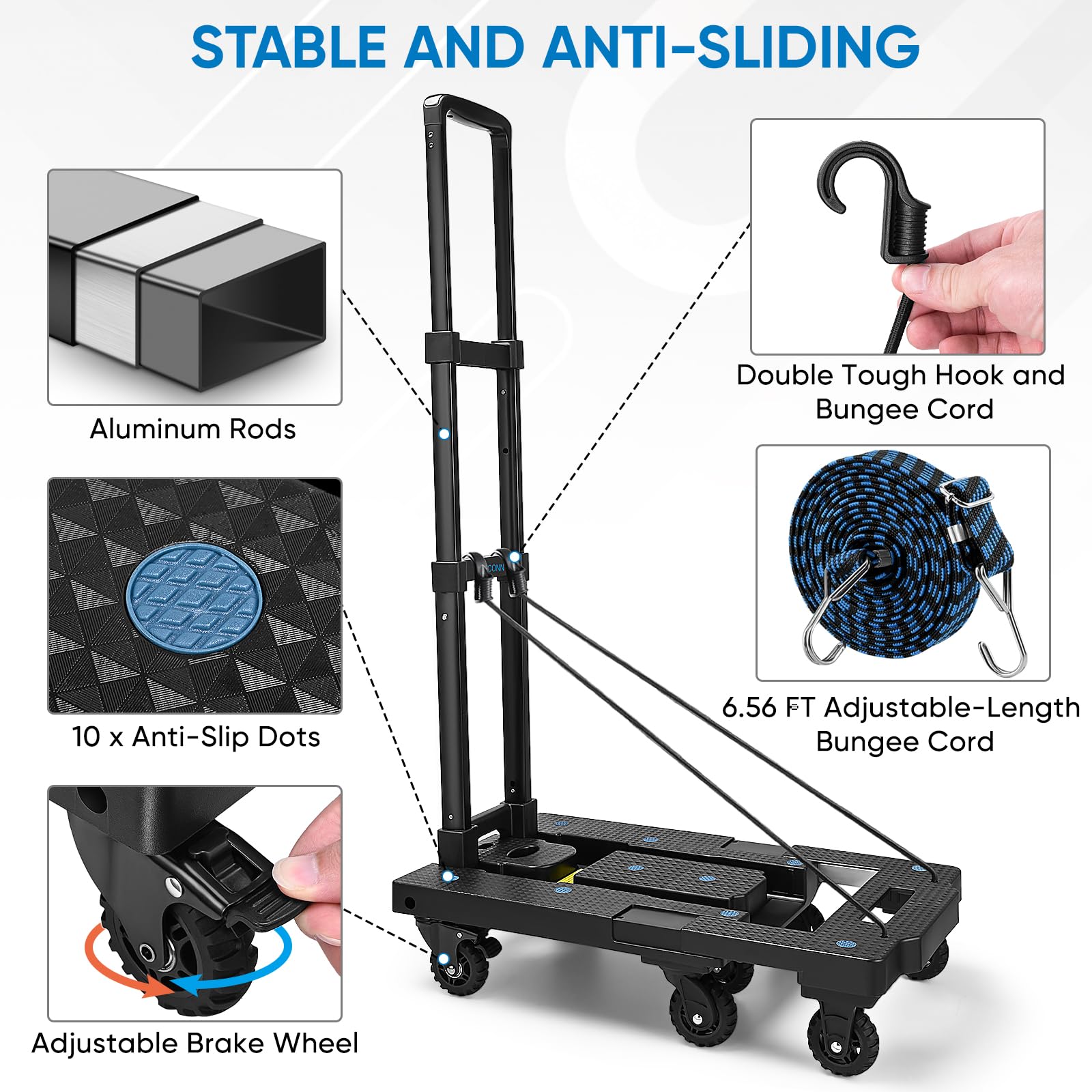 TICONN 330LB Folding Hand Truck Dolly, Portable Heavy Duty Dolly Cart with 7 Tank Wheels, Lightweight Luggage Moving Cart with 2 Brake Wheels for Moving, Shopping, Travel, Office